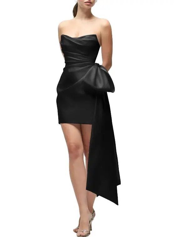 Dessy Collection Strapless Satin Mini Dress With Bow Detail - Black
