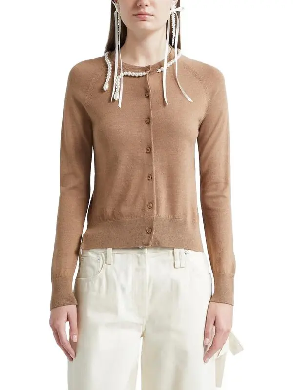 Simone Rocha Faux Pearl Merino Wool & Silk Cardigan - Chestnut/pearl2