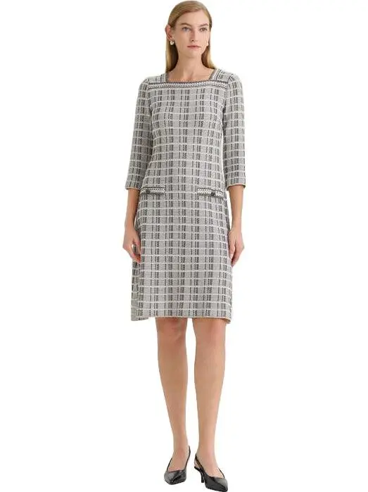 Ming Wang A-line Contrast Stitch Tweed Knit Dress - Limestone/black/white