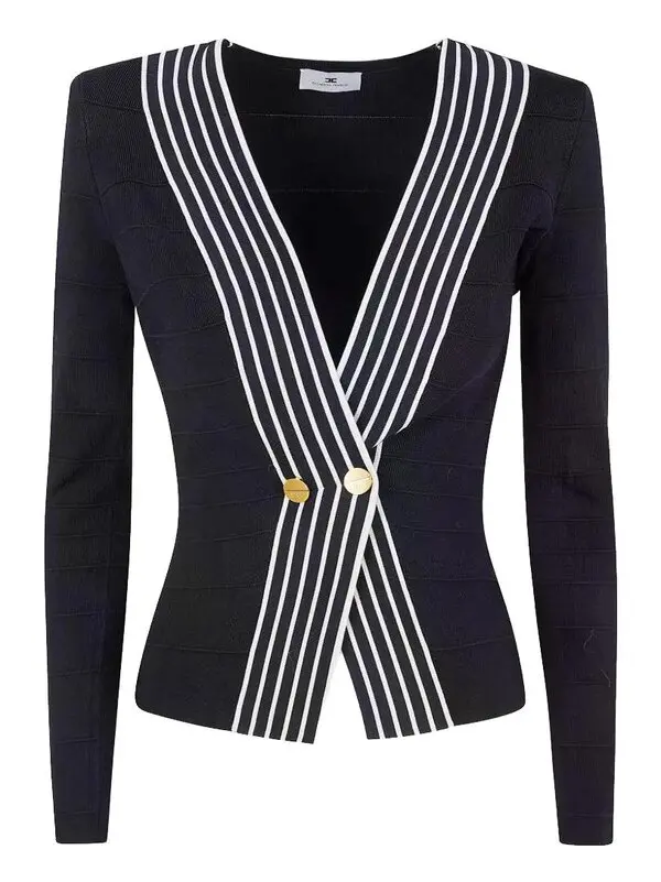 Elisabetta Franchi Striped Knit Sweater With Gold-tone Buttons - Black