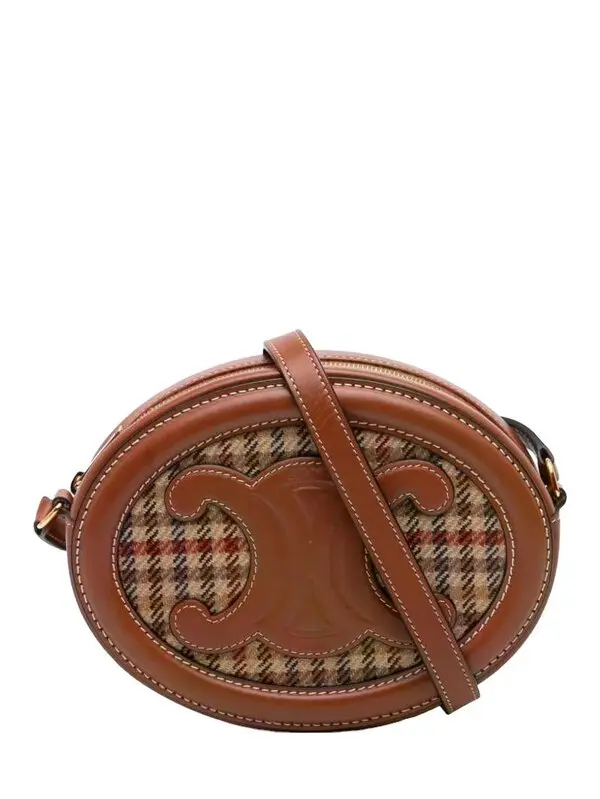 Celine Small Canvas And Calfskin Cuir Triomphe Houndstooth Oval Crossbody Bag - Brown