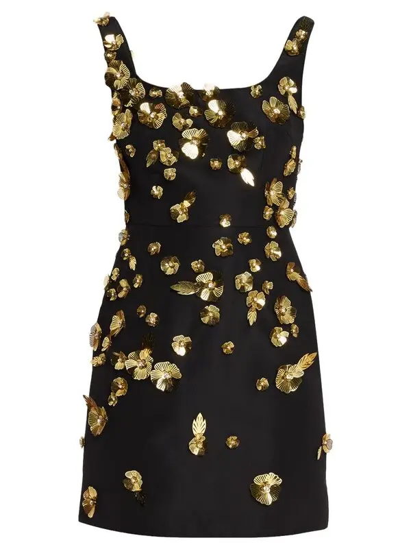 Carolina Herrera Crystal Flower Appliqué Mini Dress - Black Multi