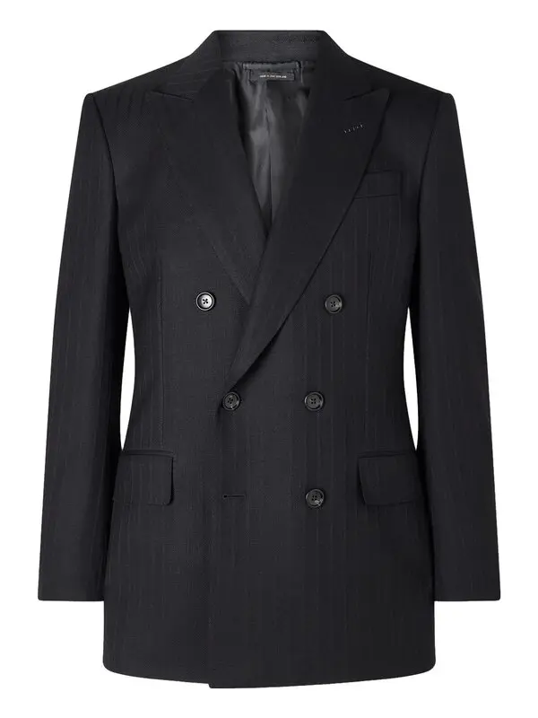 TOM FORD Double-breasted Pinstriped Wool Suit Jacket - Black