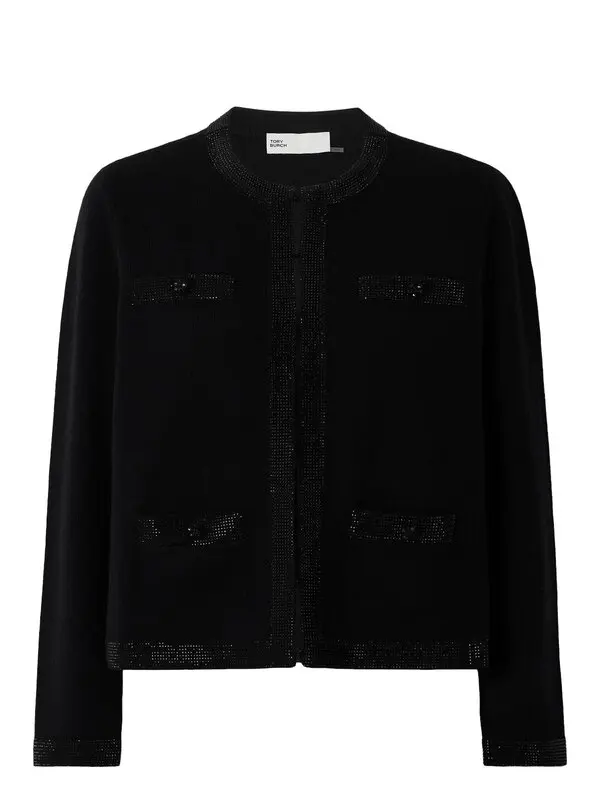 Tory Burch Kendra Crystal-embellished Wool-blend Cardigan - Black