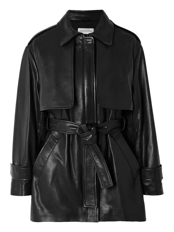 Nour Hammour Priya Belted Paneled Leather Jacket - Black