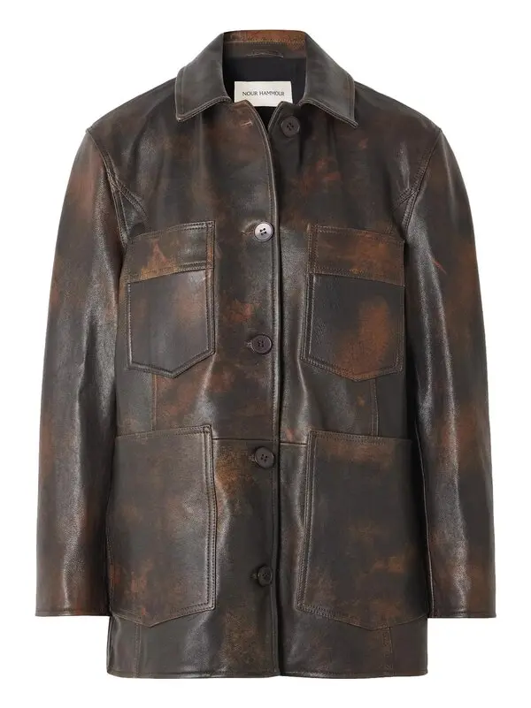 Nour Hammour Paneled Distressed Leather Jacket - Brown