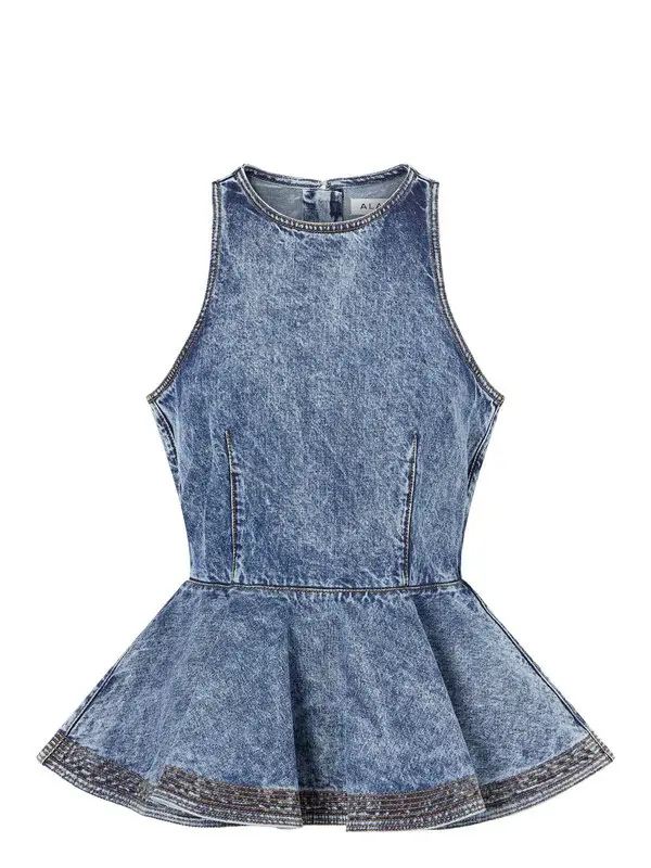 Alaïa Denim Peplum Top - Blue