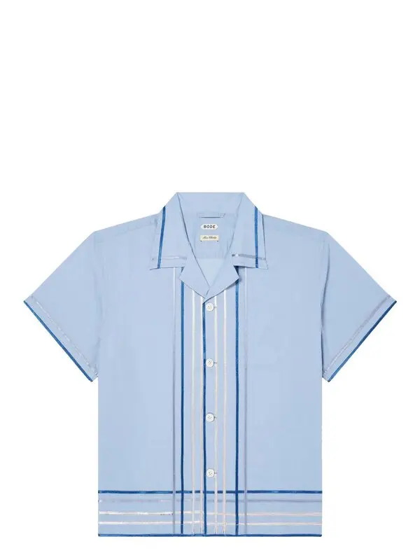 BODE Ribbon Plaid Camp-collar Satin-trimmed Cotton-poplin Shirt - Blue