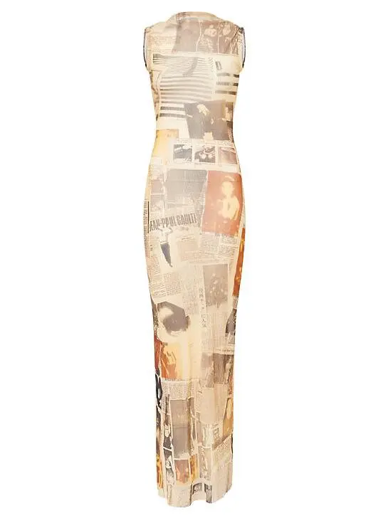 Jean Paul Gaultier Sleeveless Printed Woven Maxi Dress - Ecru Light Grey Red
