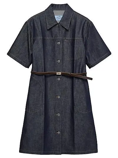 Prada Short-sleeve Belted Denim Mini Dress - Blue