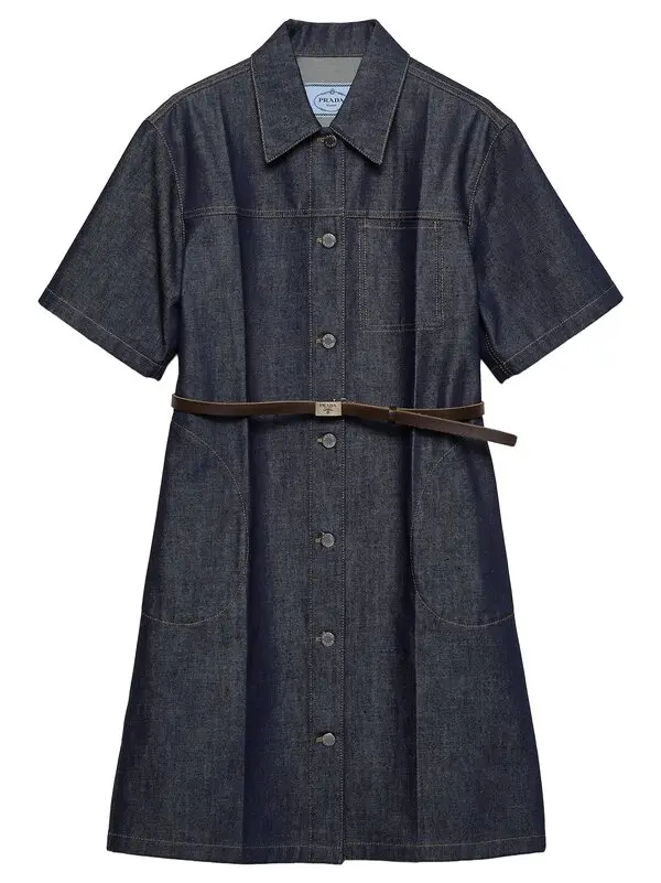 Prada Belted Denim Shirt Dress - Blue