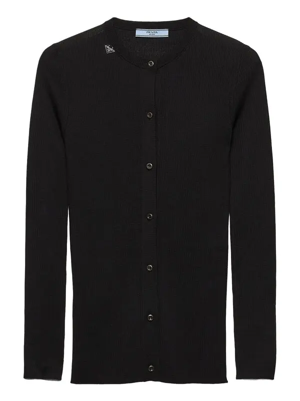 Prada Ribbed Knit Wool Cardigan - Black