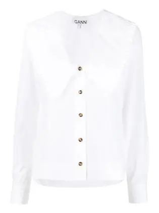 GANNI Cotton Poplin V-neck Shirt - White
