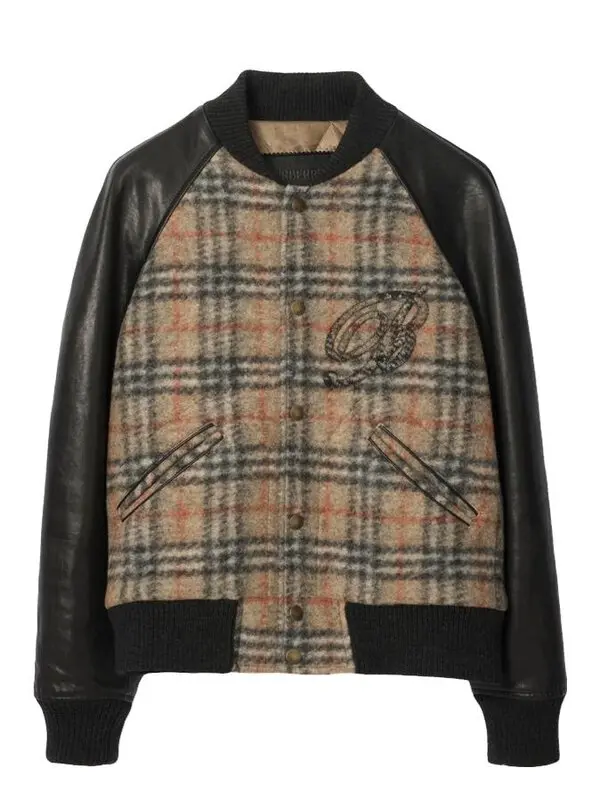 Burberry Check Wool And Leather Bomber Jacket - Sand Beige