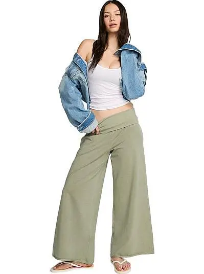 Pink All-day Cotton™ Foldover Wide-leg Pants - Green