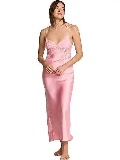 Victoria's Secret Dream Angels Twinkle Satin & Lace Long Slip Dress - Pink