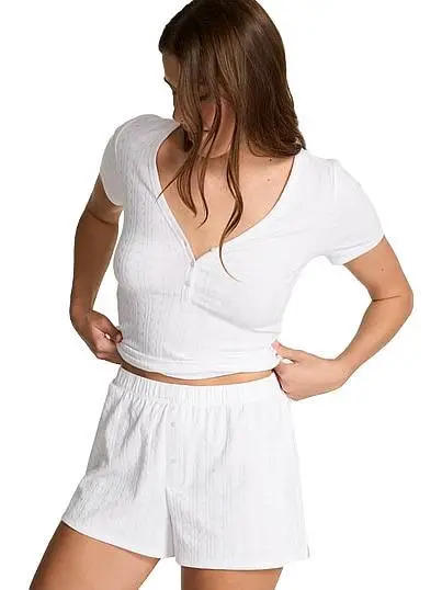 Victoria's Secret Heart Pointelle Henley And Shorts Set - White,ivory