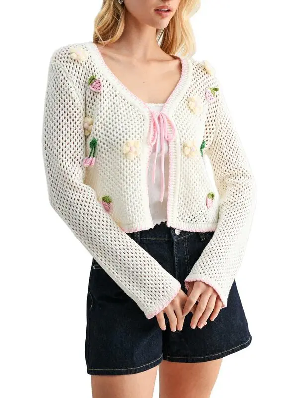 ALL IN FAVOR Crochet Appliqué Tie-front Cardigan - Cream Pink