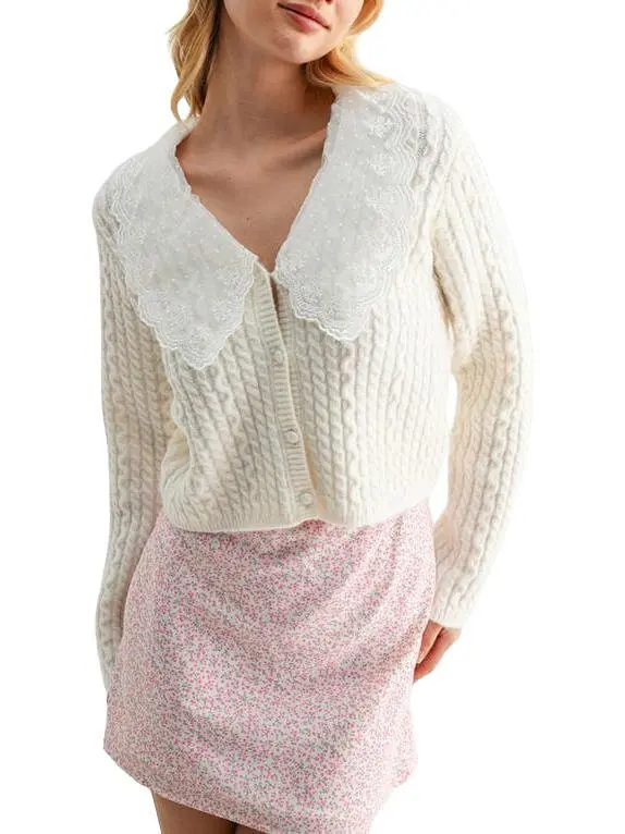 ALL IN FAVOR Lace Collar Cable Stitch Cardigan - Cream