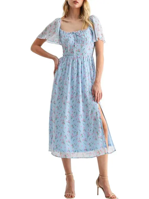 ALL IN FAVOR Floral Butterfly Sleeve Midi Dress - Light Blue Tulip