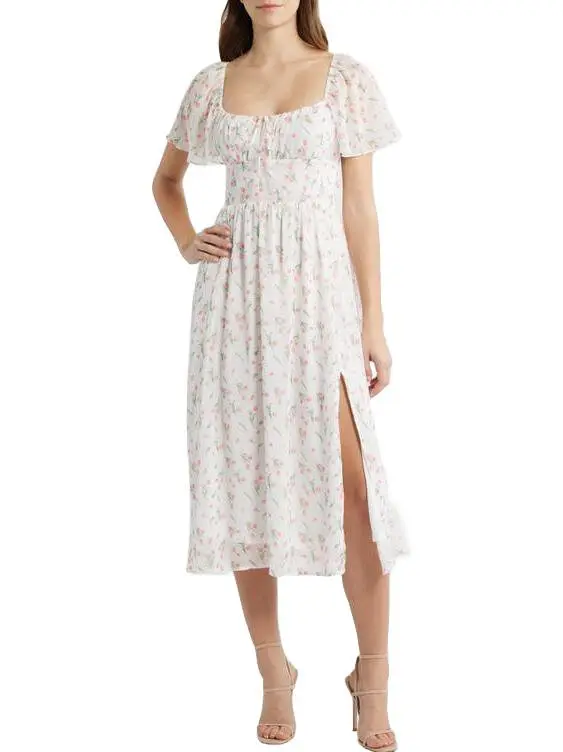 ALL IN FAVOR Floral Butterfly Sleeve Midi Dress - White Tulip