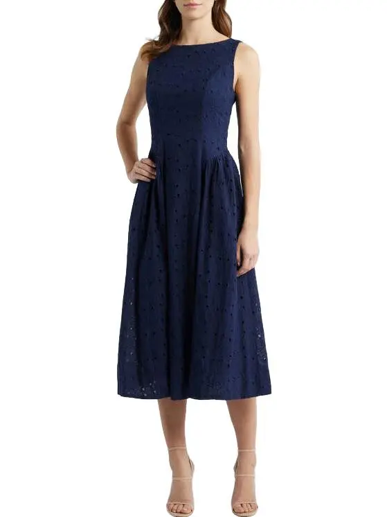 ALL IN FAVOR Broderie Anglaise Fit & Flare Midi Dress - Navy