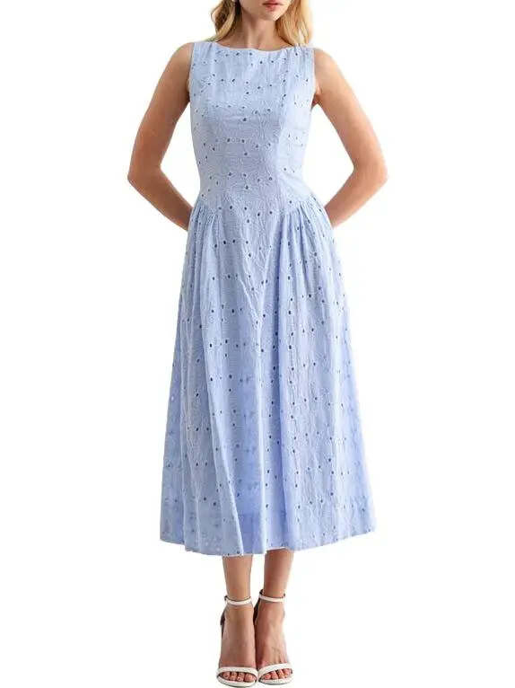 ALL IN FAVOR Broderie Anglaise Fit & Flare Midi Dress - Periwinkle