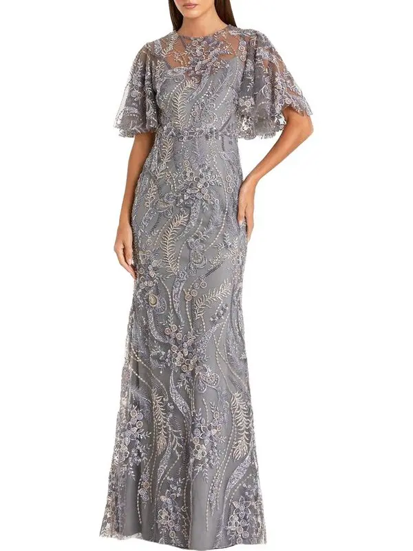 Mac Duggal High Neck Flutter Sleeve Embroidered Gown - Charcoal
