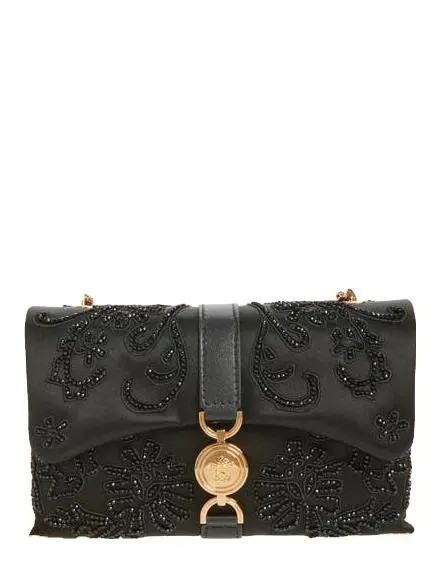 Versace Mini Kleio Embellished Satin Wallet On A Chain - Black-versace Gold