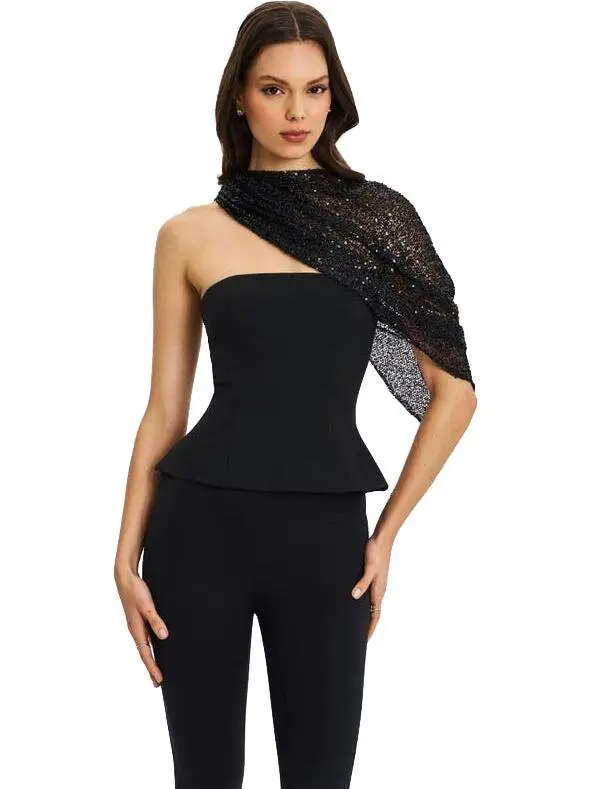 MISS CIRCLE Quinette Peplum Top With Beaded Asymmetrical Cape - Black
