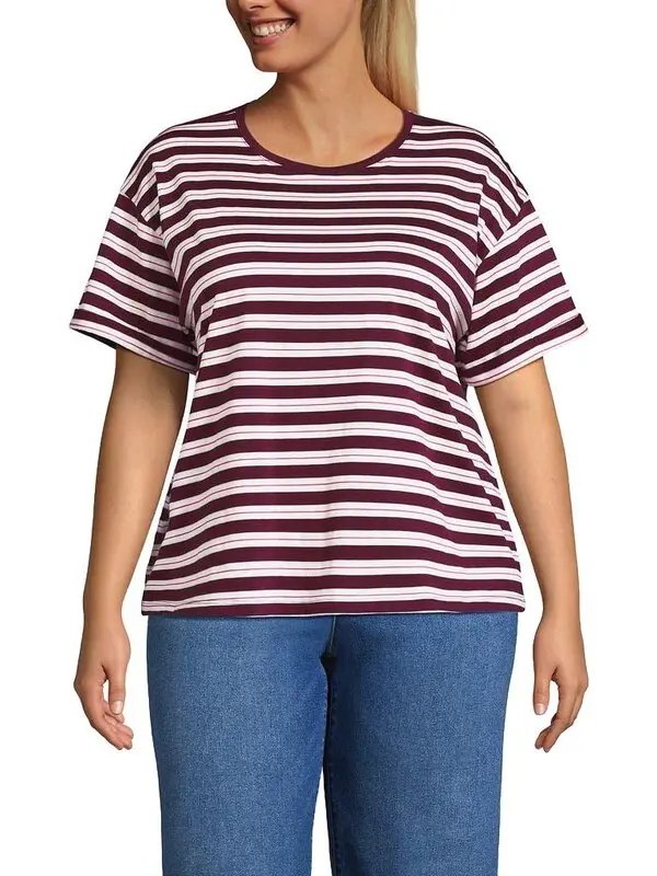 LANDS' END Oversized Supima Cotton Crew Neck T-shirt - Burgundy Spritz Multi Stripe