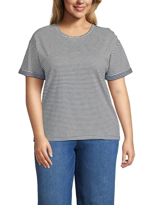 LANDS' END Oversized Supima Cotton Crew Neck T-shirt - Deep Sea/ivory Micro Stripe