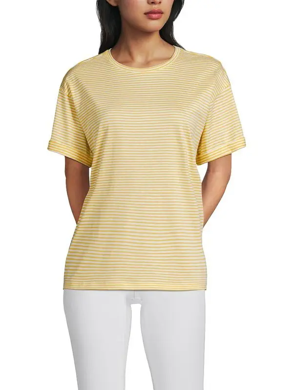LANDS' END Oversized Supima Cotton Crew Neck T-shirt - Goldenrod Micro Stripe