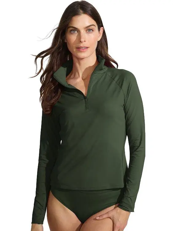 LANDS' END Long Sleeve Rash Guard Upf 50 Cover-up - Rich Olive Green