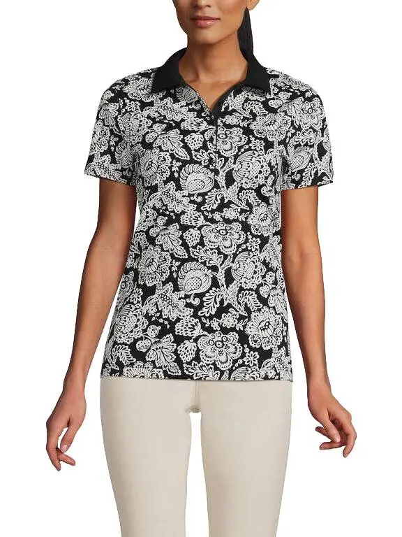 LANDS' END Supima Cotton Polo Shirt - Black/ivory Floral Medley