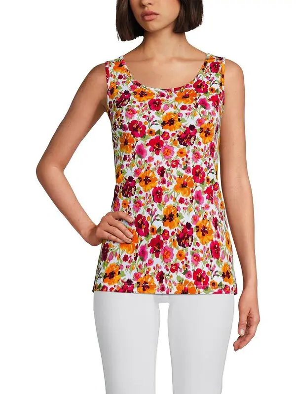 LANDS' END Cotton Tank Top - White/hot Pink Painted Blooms