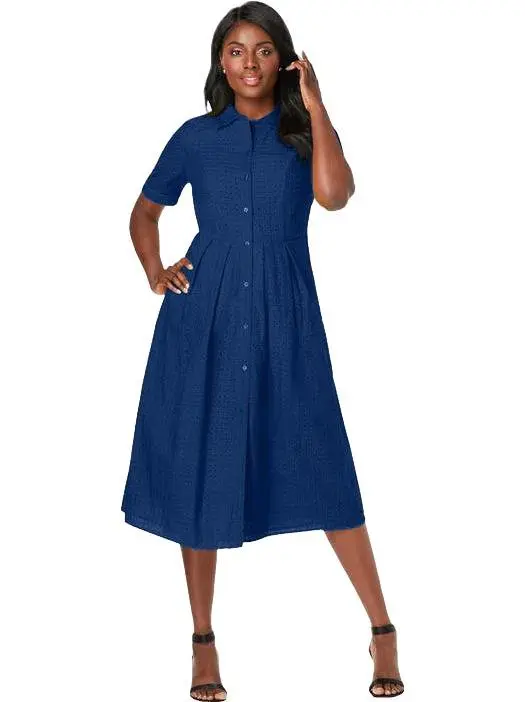 JESSICA LONDON Eyelet Shirt Dress - Evening Blue