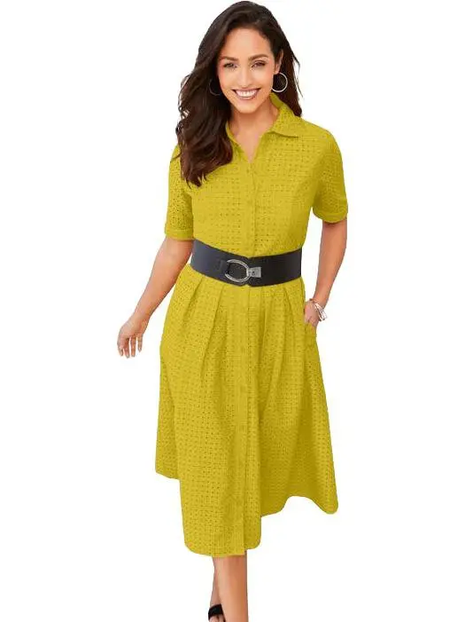 JESSICA LONDON Eyelet Shirt Dress With Elbow-length Sleeves - Golden Citrus