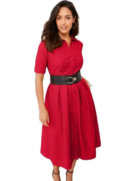 JESSICA LONDON Eyelet Shirt Dress With Elbow-length Sleeves - Vivid Red