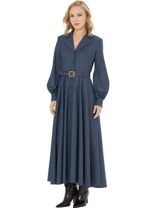 GIZIA Long-sleeve Collared Belted Maxi Dress - Navy