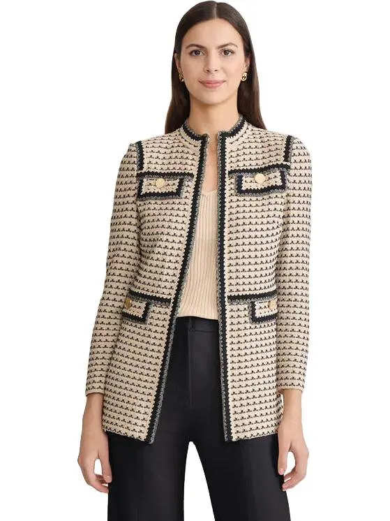 Misook Tailored Multi-stitch Zigzag Trim Knit Jacket - Biscotti/black