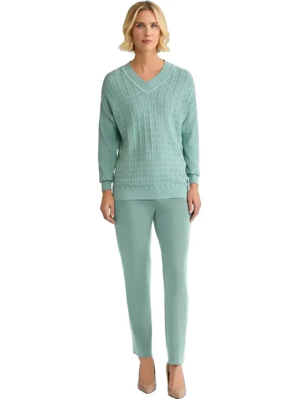Misook Relaxed Pointelle Soft Knit Pullover Sweater - Mystic Green
