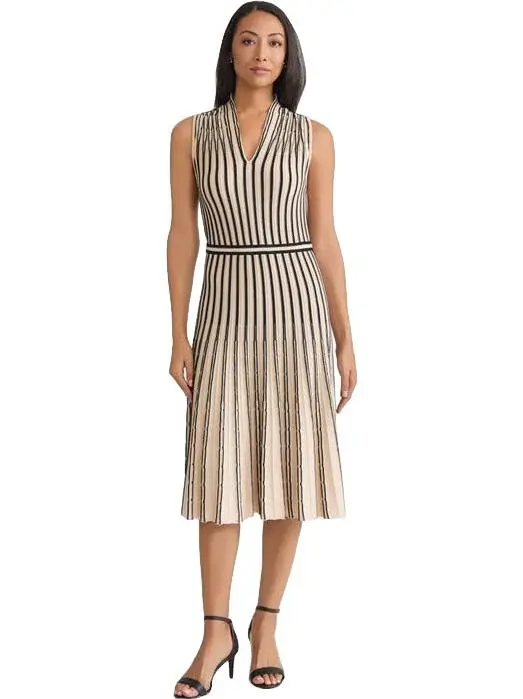 Misook Fit & Flare Sleeveless Striped Ribbed Knit Dress - Biscotti/black