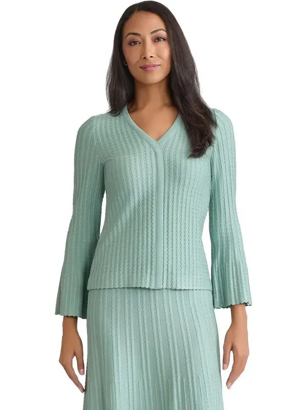 Misook Scalloped Ribbed Knit Bell Sleeve Top - Mystic Green
