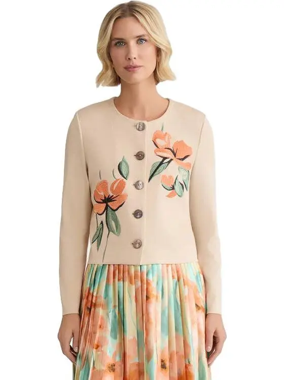 Misook Floral Embroidered Flat Knit Cardigan - Biscotti/mystic Green