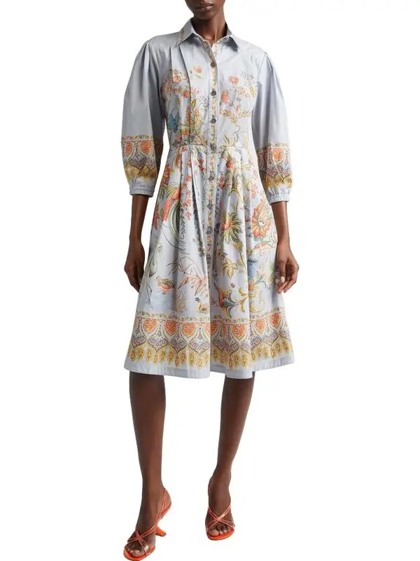 Etro Floral Print Cotton Shirtdress - Print On Pale Blue Base
