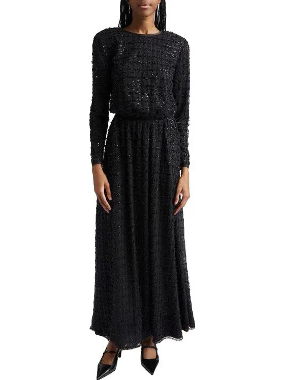 Emporio Armani Embellished Long Sleeve Maxi Dress - Solid Black