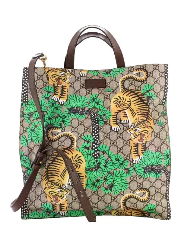 Gucci Convertible Soft Open Tote Bengal Print Gg Coated Canvas Tall Shoulder Bag - Brown
