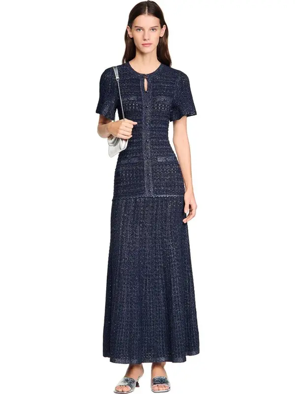 Sandro Rhinestone Knit Maxi Dress - Navy Blue
