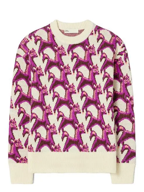 Tory Burch Wool Jacquard Crewneck Sweater - Cream/magenta